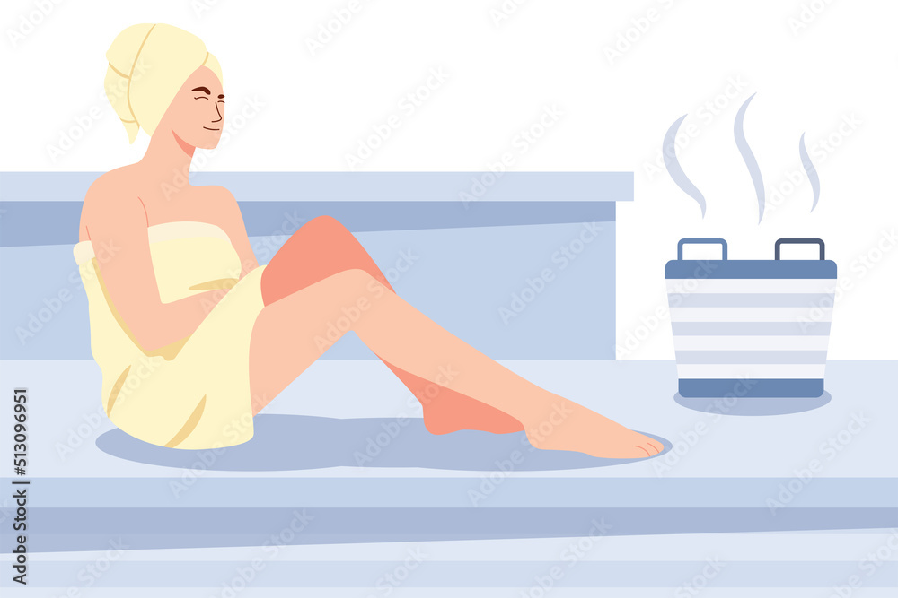 Woman Relaxing Sauna in spa, bathhouse or sauna of hot steam, Body care ...