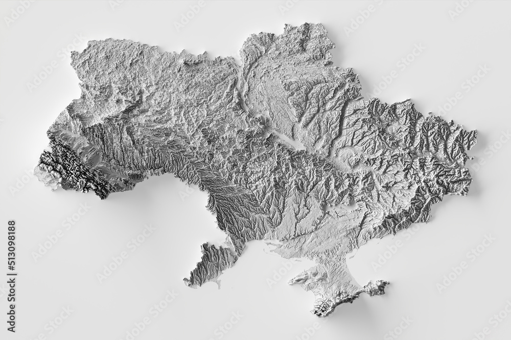 Shaded relief map with vertical exaggeration of Ukraine. Created of ...