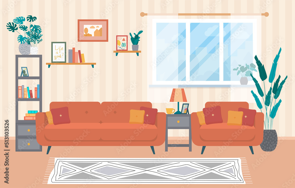 Living room with furniture. Cozy interior with a sofa, armchair ...