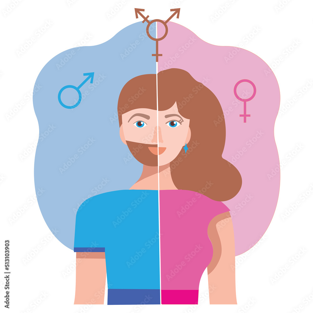 Gender identity concept. Gender transition. Person with half woman and ...