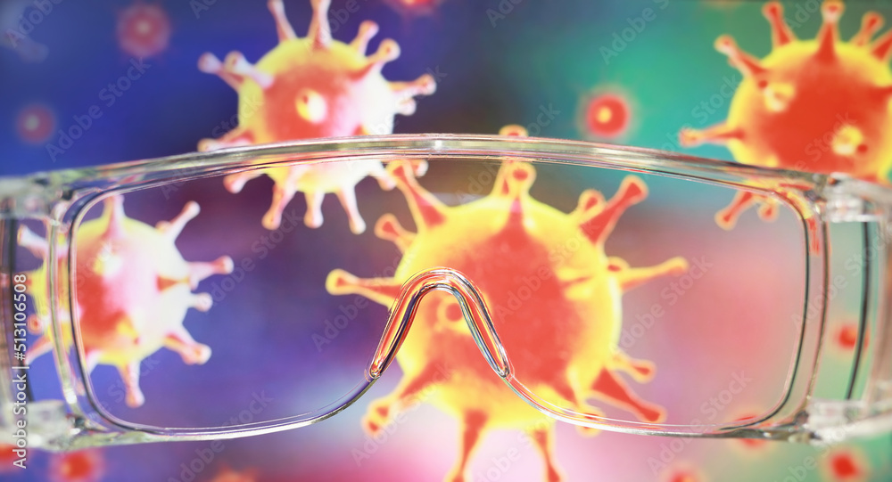 Medical protective glasses, safety from virus. Bacteria illustration ...