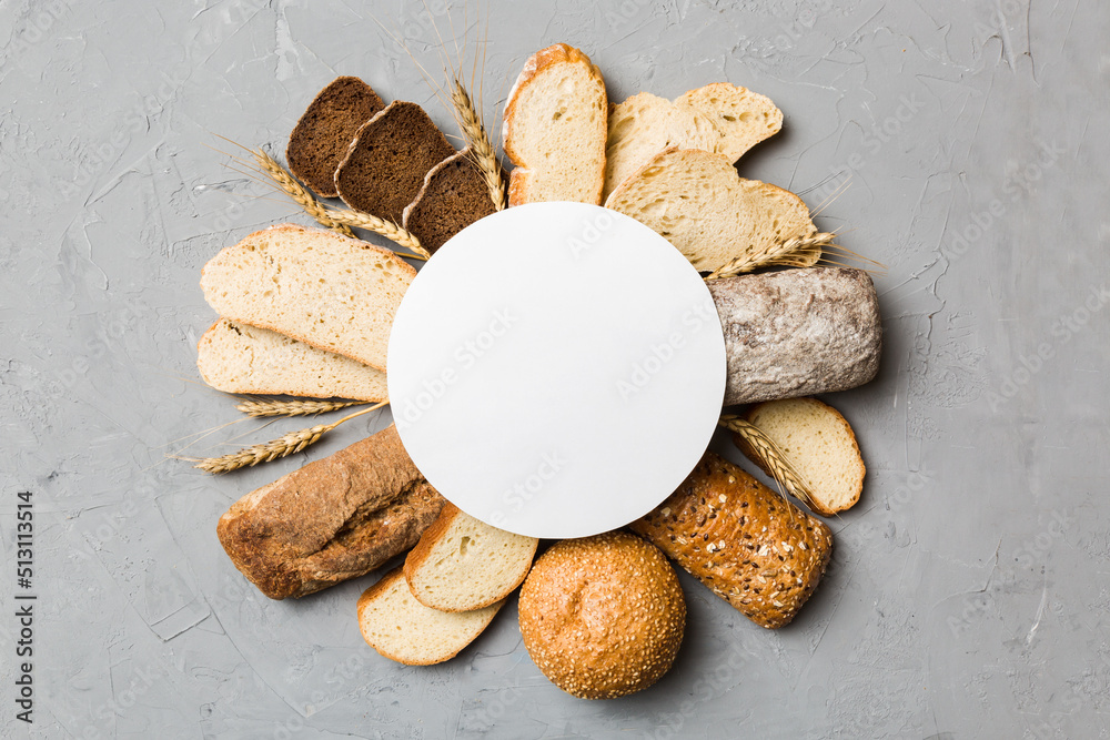 Minimalist paper blank mockup on background of Types of homemade bread ...