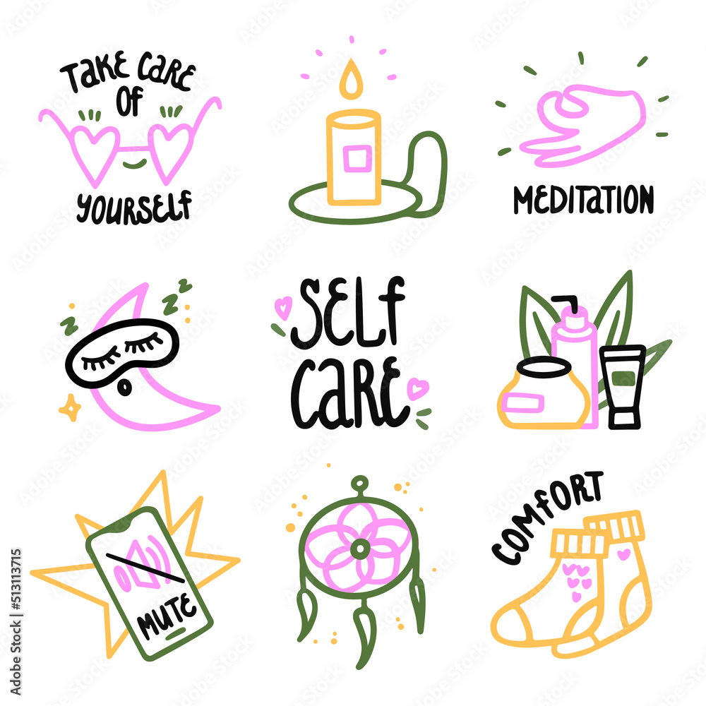 Self care image set. Vector cute doodles. Take care of yourself, candle ...