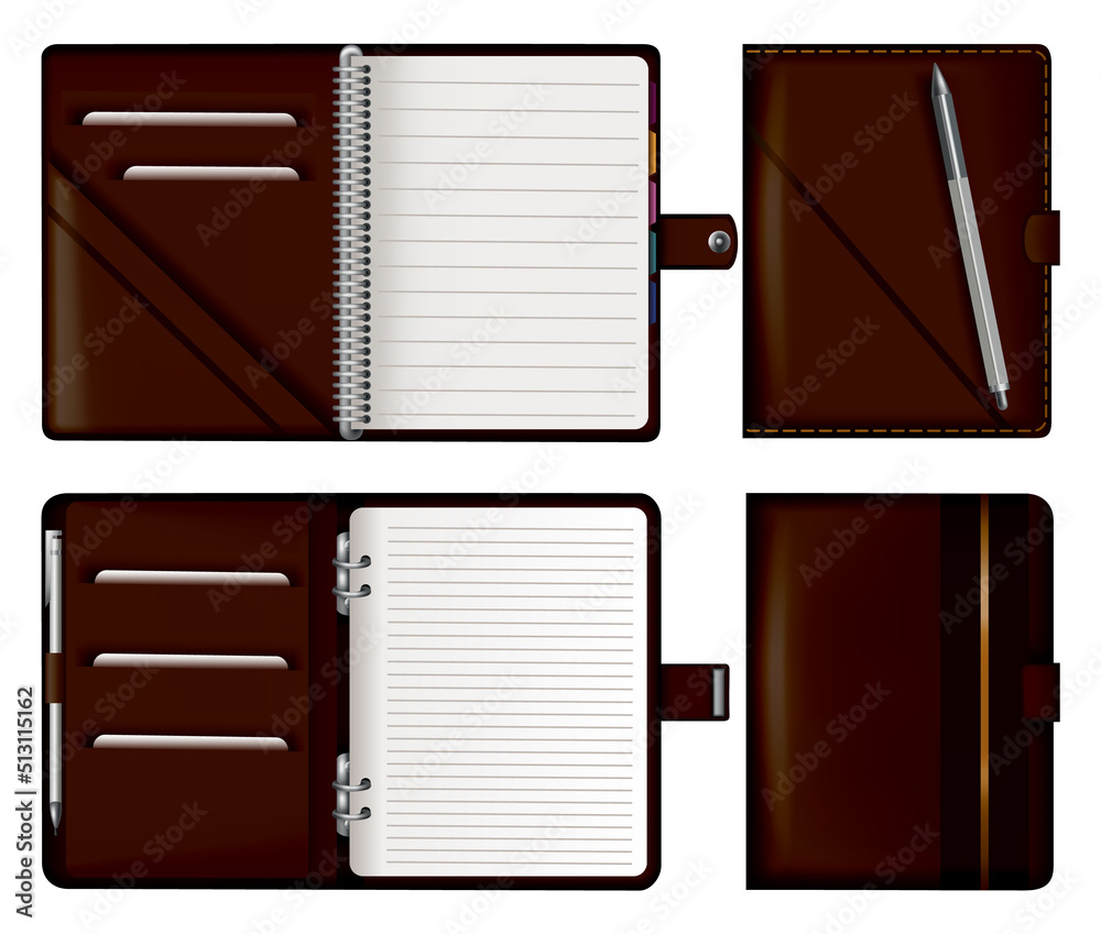 Leather note book set. Realistic brown notebook mockups for branding ...