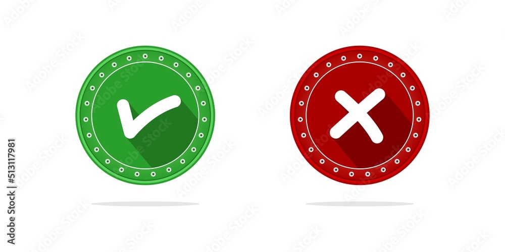 Green and red check mark vector buttons, accepted and rejected or ok ...