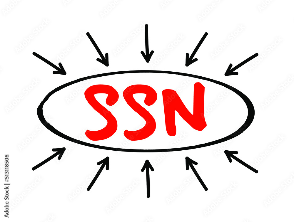 SSN - Social Security Number acronym text with arrows, concept ...