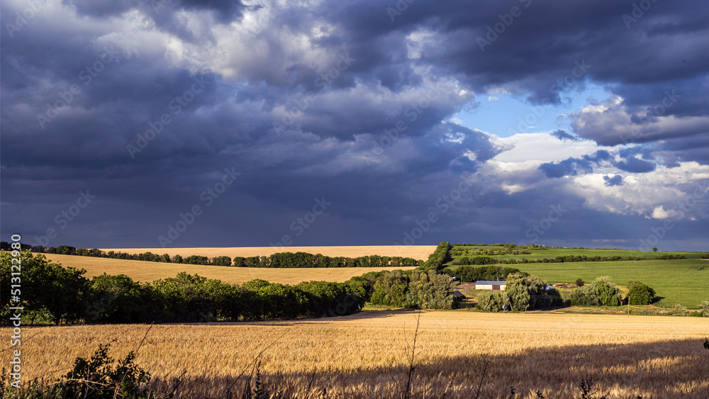 Beautiful nature sunset landscape. Dirt road between the fields on a ...