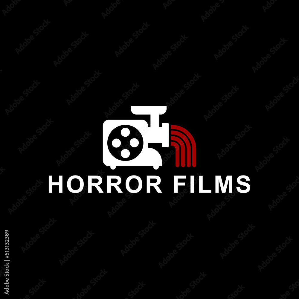 Horror films logo with electric meat grinder illustration and red mince ...