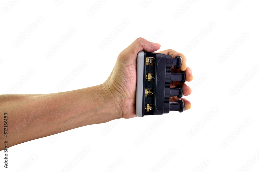 man hand squeezing finger spring grip isolated on white background ...