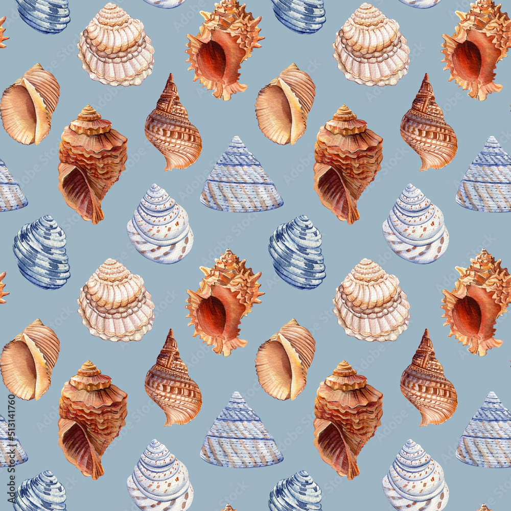 Seamless pattern with seashells. Watercolor hand drawn vintage sea ...