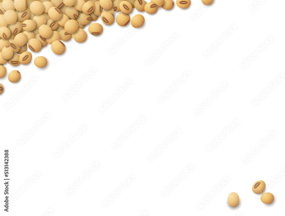 Raw soybeans isolated on white in artboard corner, top view. Background ...
