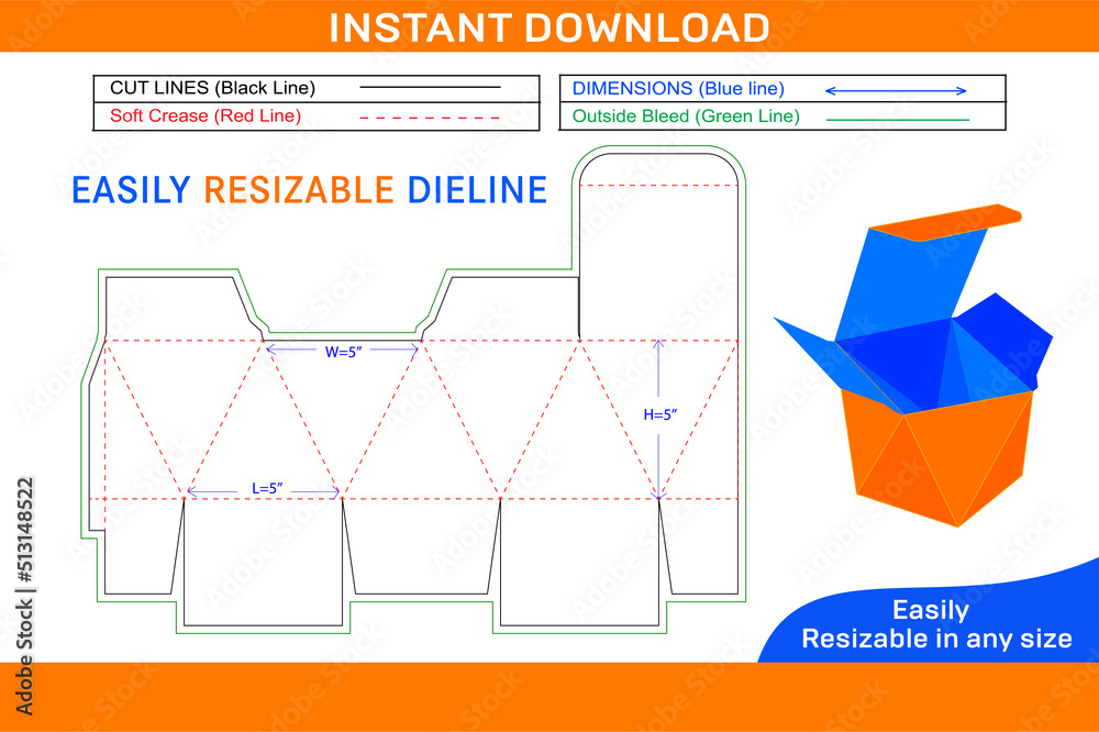 Diamond shape square size box dieline template and 3D box design Box ...