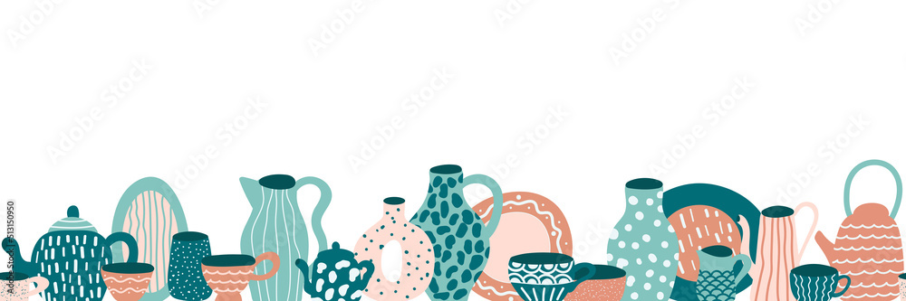 Ceramics, pottery kitchenware seamless border. Dishes, pot, cup, mug ...