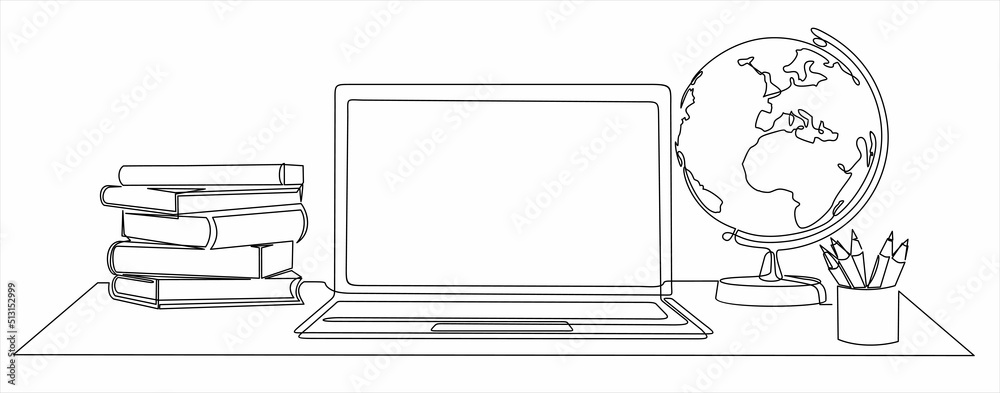 One continuous line drawing of computer laptop, globe, books stack and ...