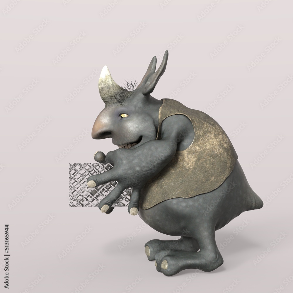 3D-illustration of a cute and funny cartoon kobold, presenting a gift ...