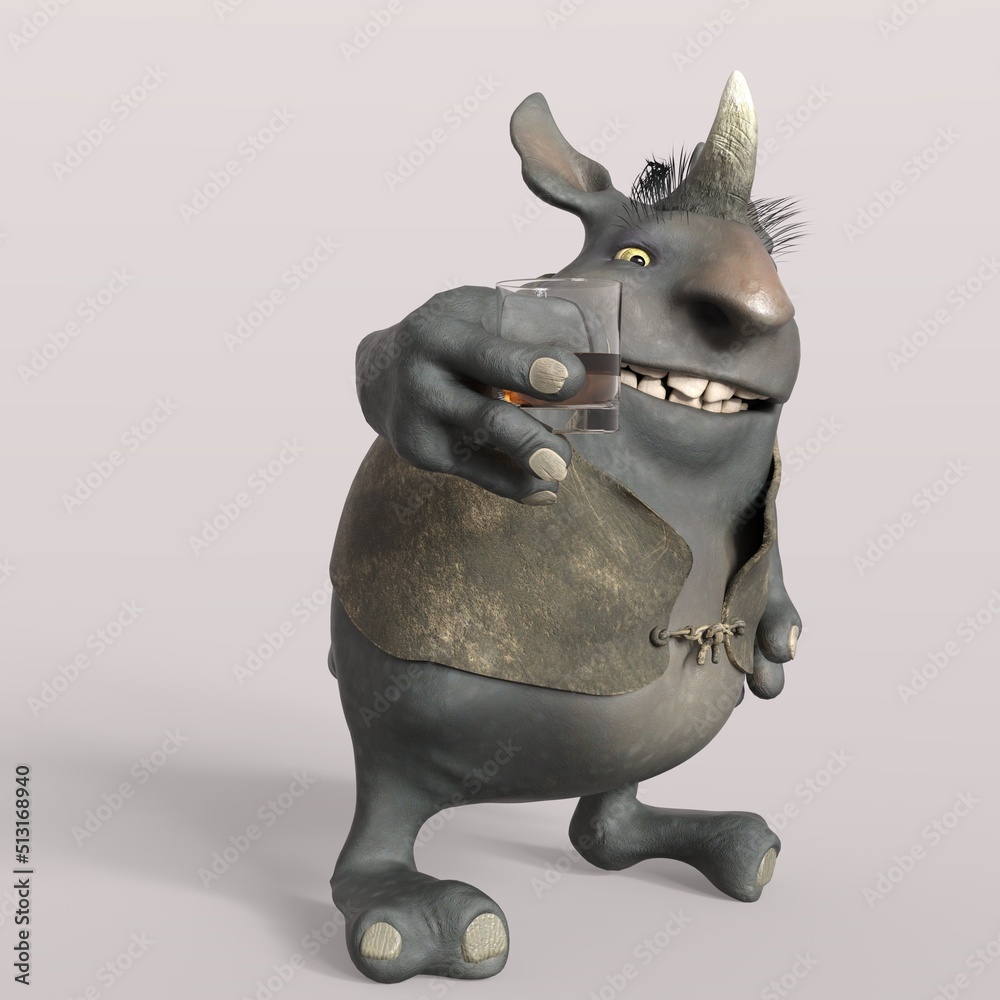3D-illustration of a cute and funny cartoon kobold, invitation to a ...