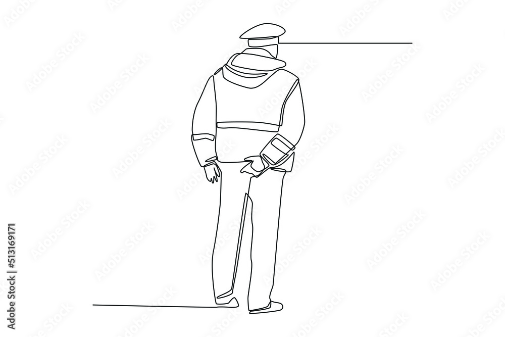 Single one line drawing back view Traffic Police standing and wearing ...