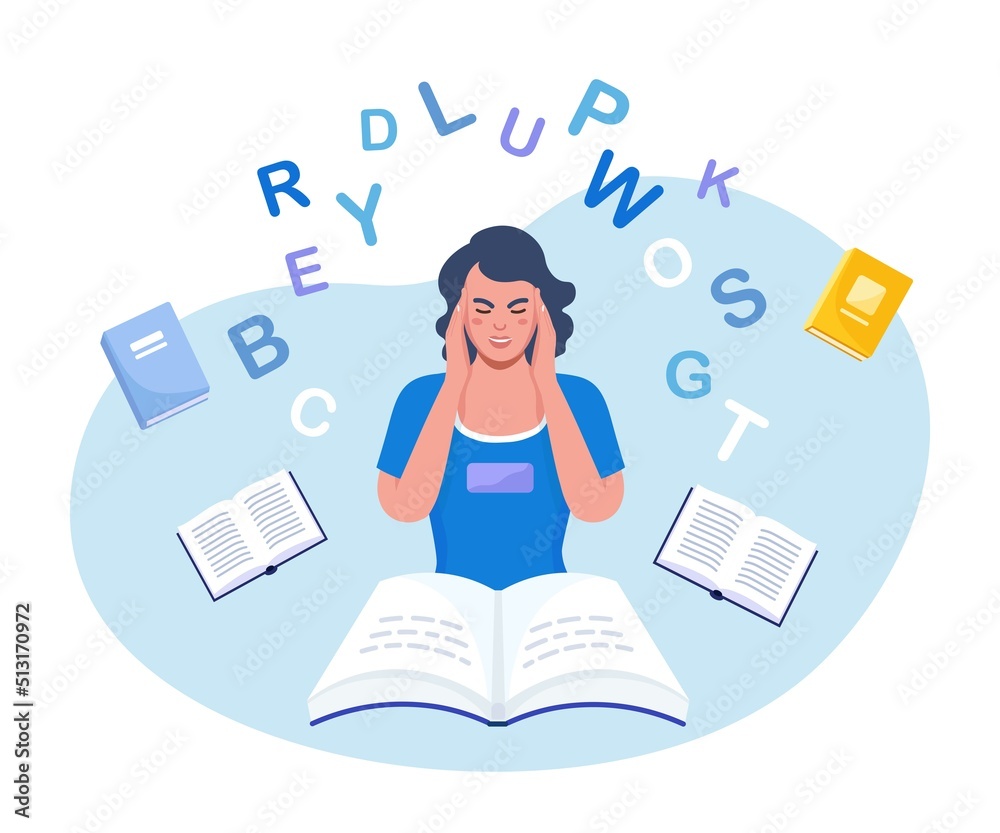 Dyslexia concept. Young girl difficulty in reading. Upset disappointed ...