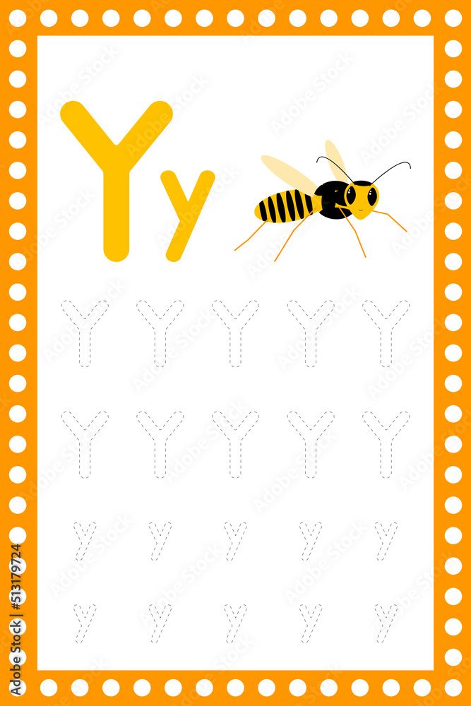 Letter Y lowercase. Worksheet. Children's education. Yellowjacket illustration. Vector typeset ...