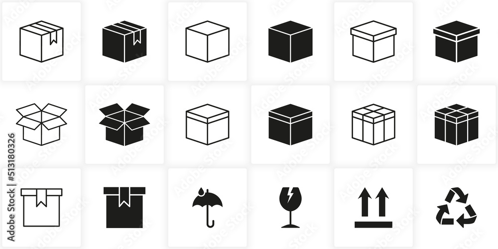 Cardboard Boxes Line and Silhouette Icon Set. Package with Symbol of ...