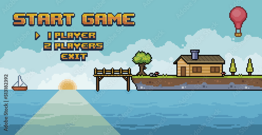 Pixel art adventure game menu with sea, island, house, tree, deck 8 bit ...