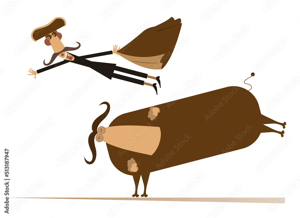 Bullfight. Cartoon bullfighter with matador cape falling down from the ...