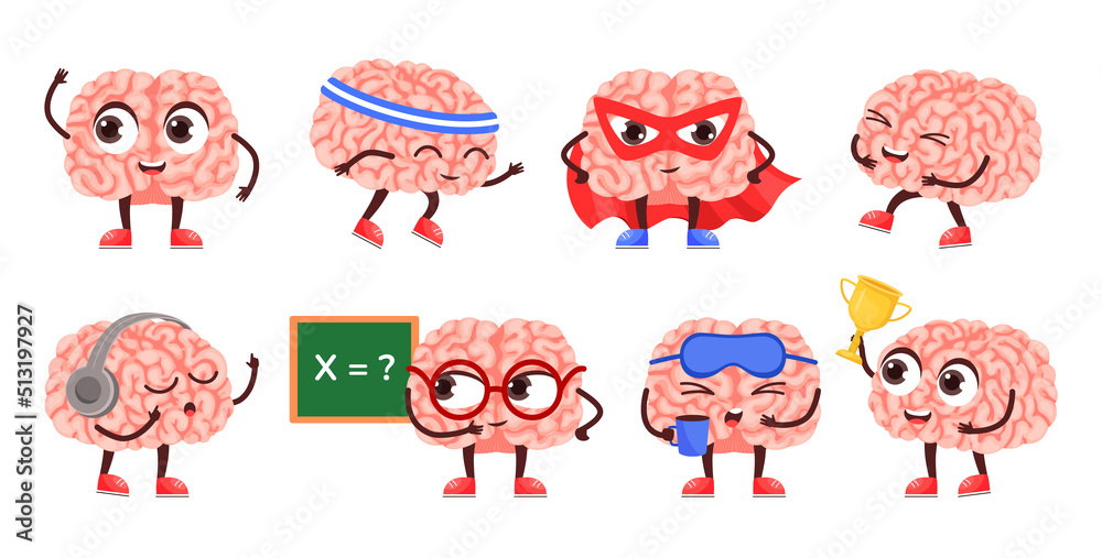 Brain character. Happy smart mascot, super hero mind and intellectual ...