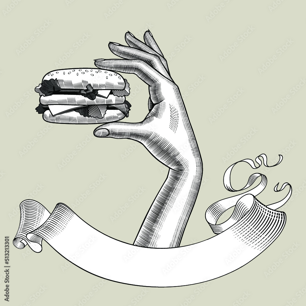 Engraved vintage drawing of a female hand holding a burger in the ...