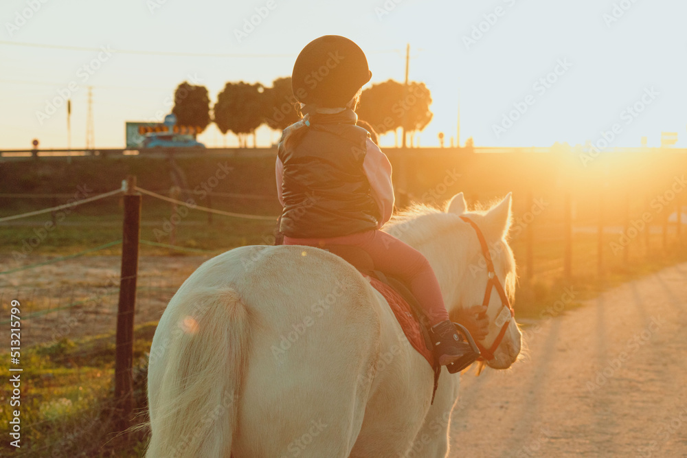 Child riding a horse on a rural farm on a sunny day at the golden hour ...