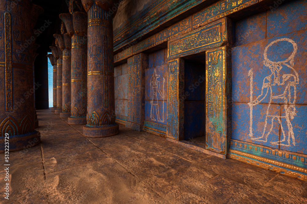 Ancient Egyptian temple or tomb entrance surrounded by blue and gold ...