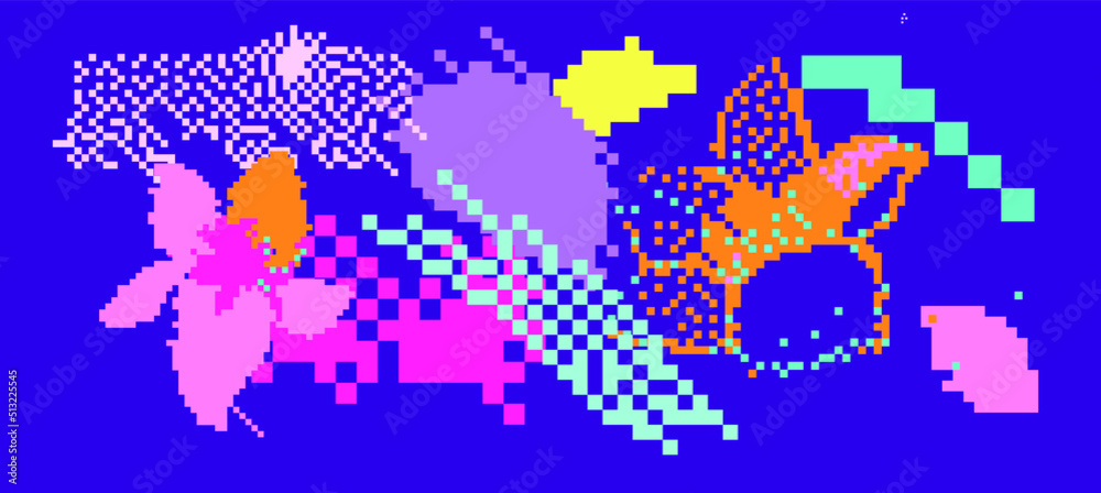 Trendy vaporwave background with pixel art chaotic composition. Concept ...