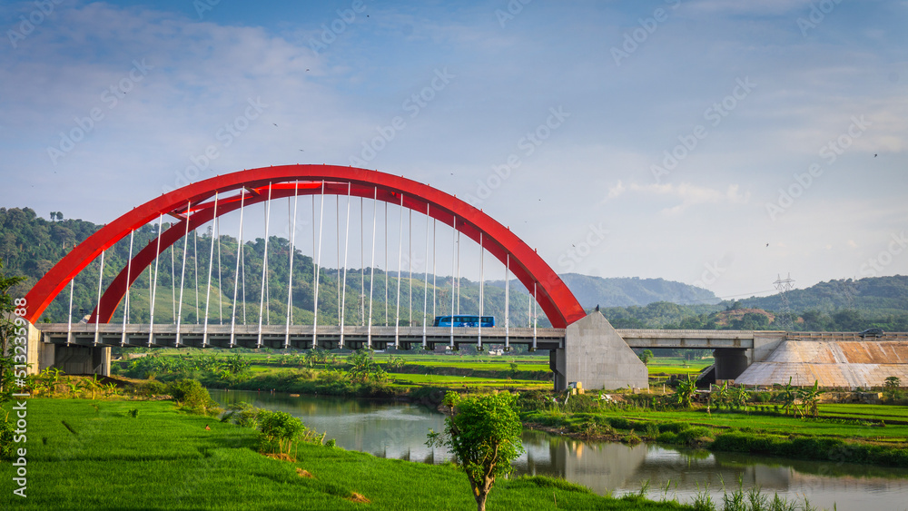 Swing arch bridge construction. bridge with the blue sky background ...