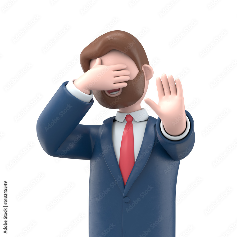 3D Illustration of smiling businessman Bob is expressing refusal, says ...