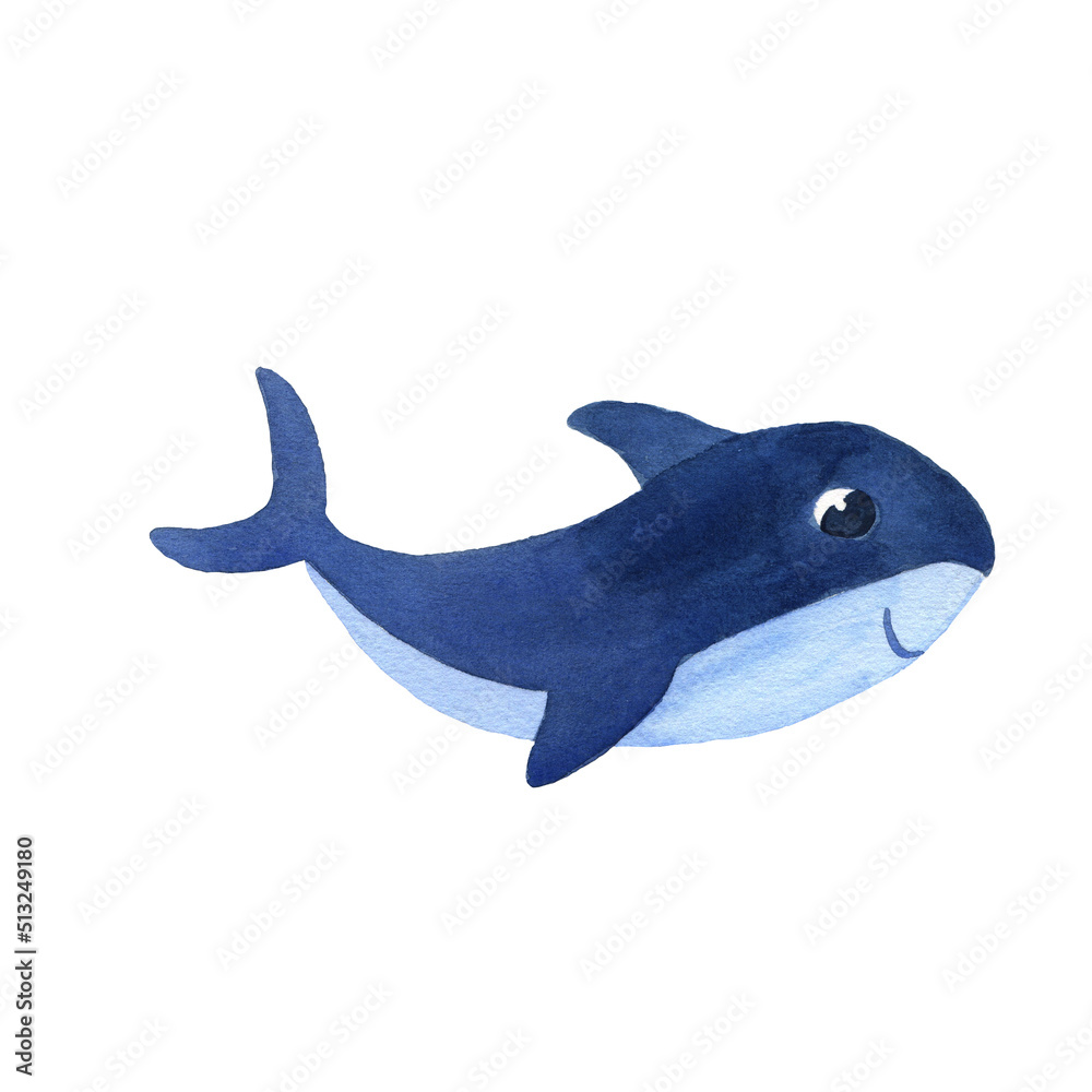 Watercolor cute blue baby shark. Drawing character sea animal Stock ...