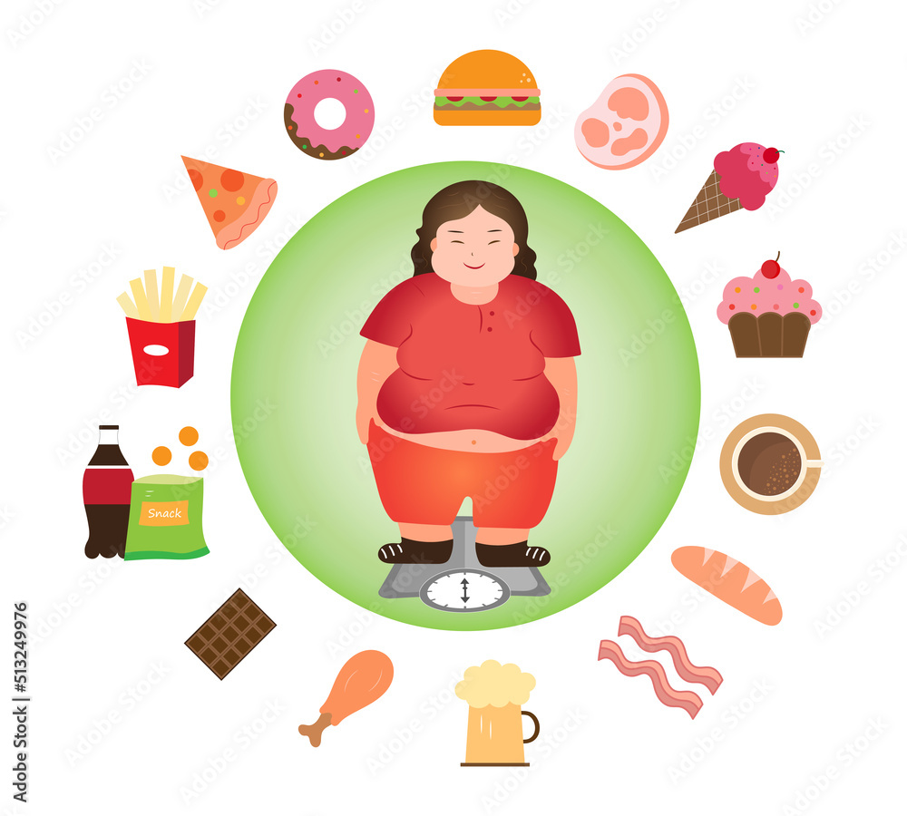 Cartoon obese person with fast food icon isolated on white background ...