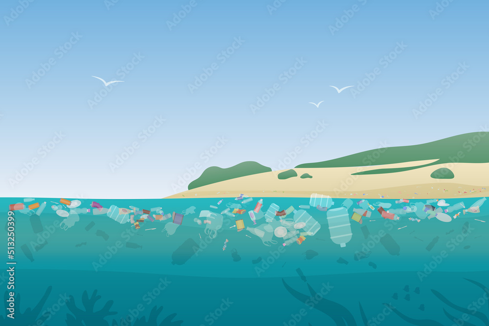 Polluted seaside with trash and plastic garbage vector illustration ...