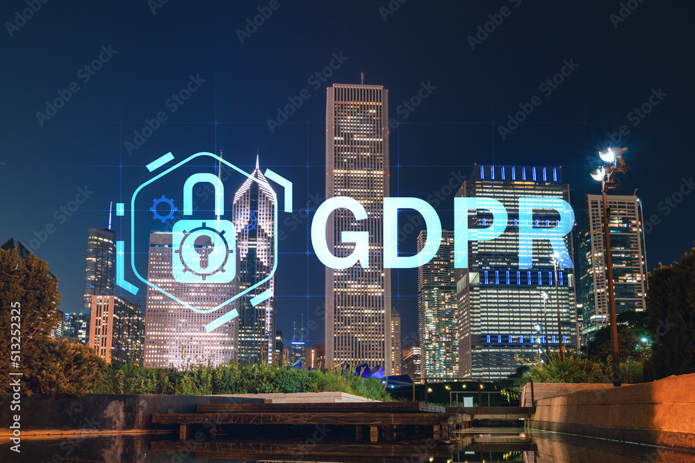 Chicago downtown area city view and Millennium Park area, night time ...