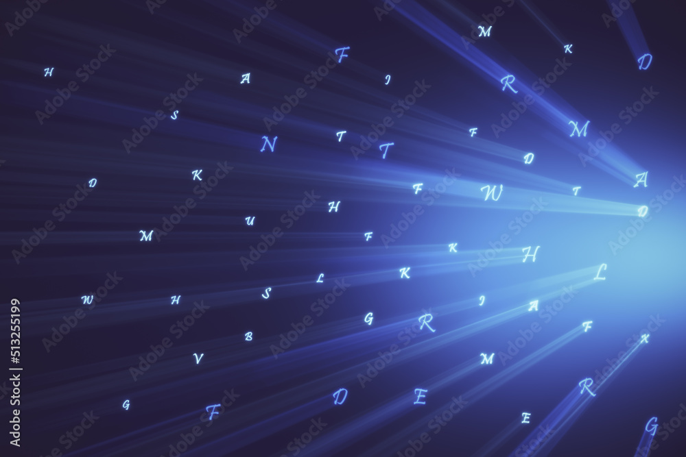 Abstract blue letter alphabet texture with light rays. Digital ...