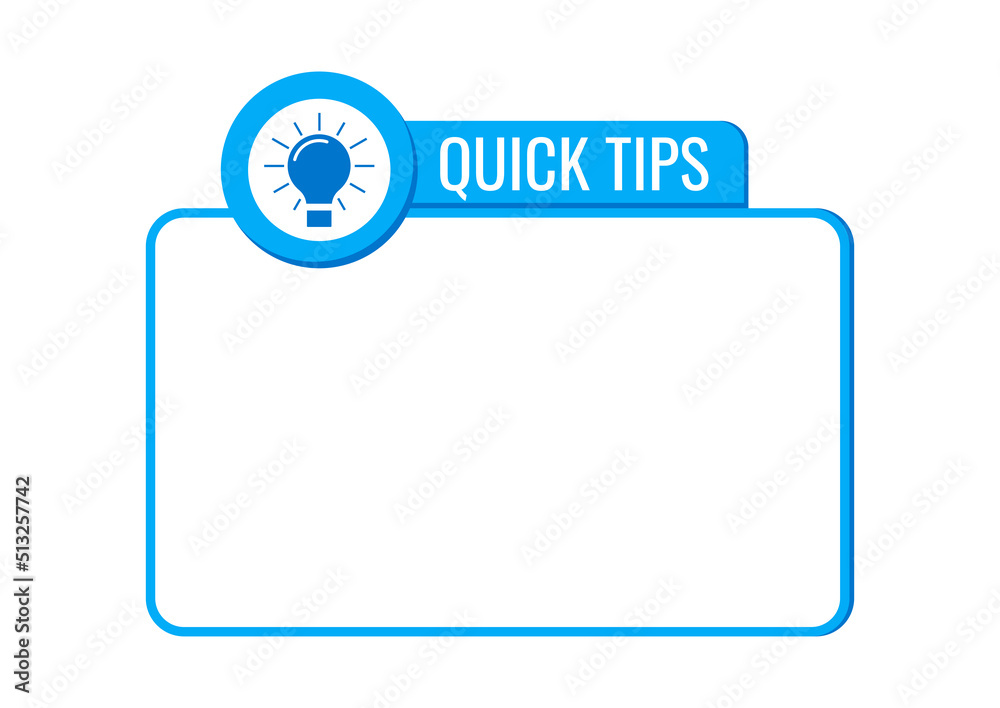 Quick tips with light bulb vector blank with space. Blue rectangular ...
