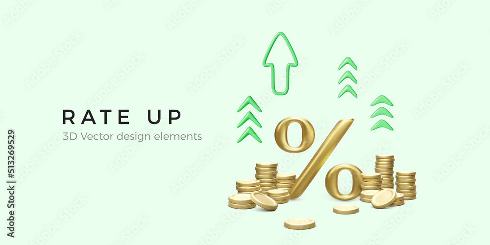 3D gold percent symbol with green arrows and gold coin stack in cartoon ...