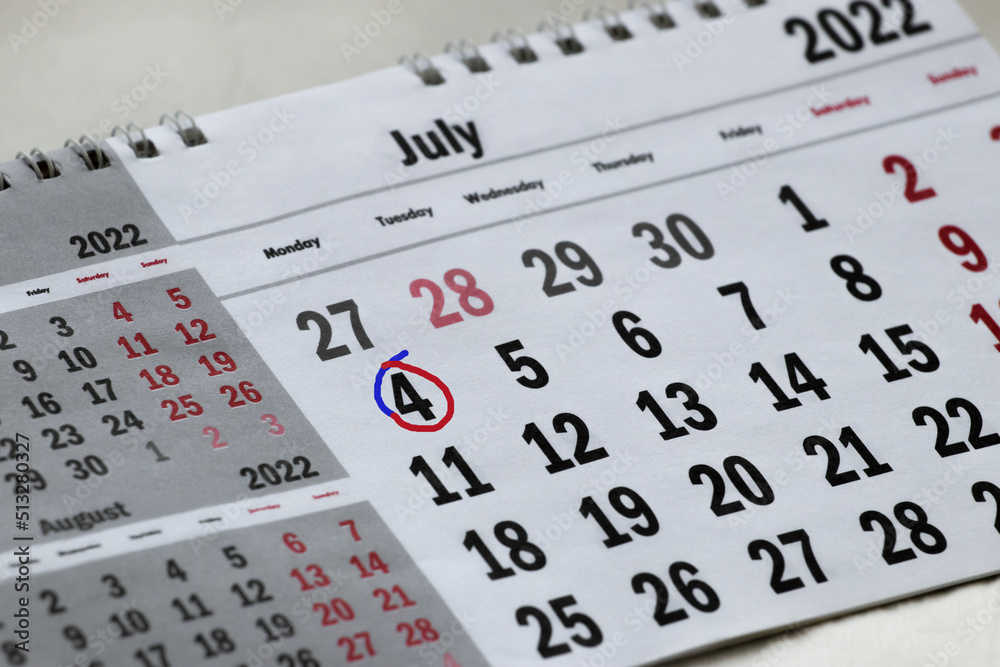 Calendar for 2022 with a circled date of july 4. USA Independence Day ...
