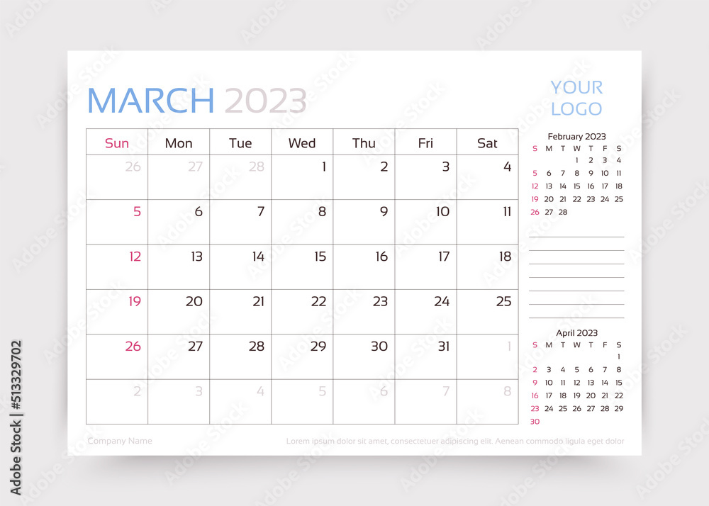Calendar for March 2023 year. Planner calender template. Week starts ...