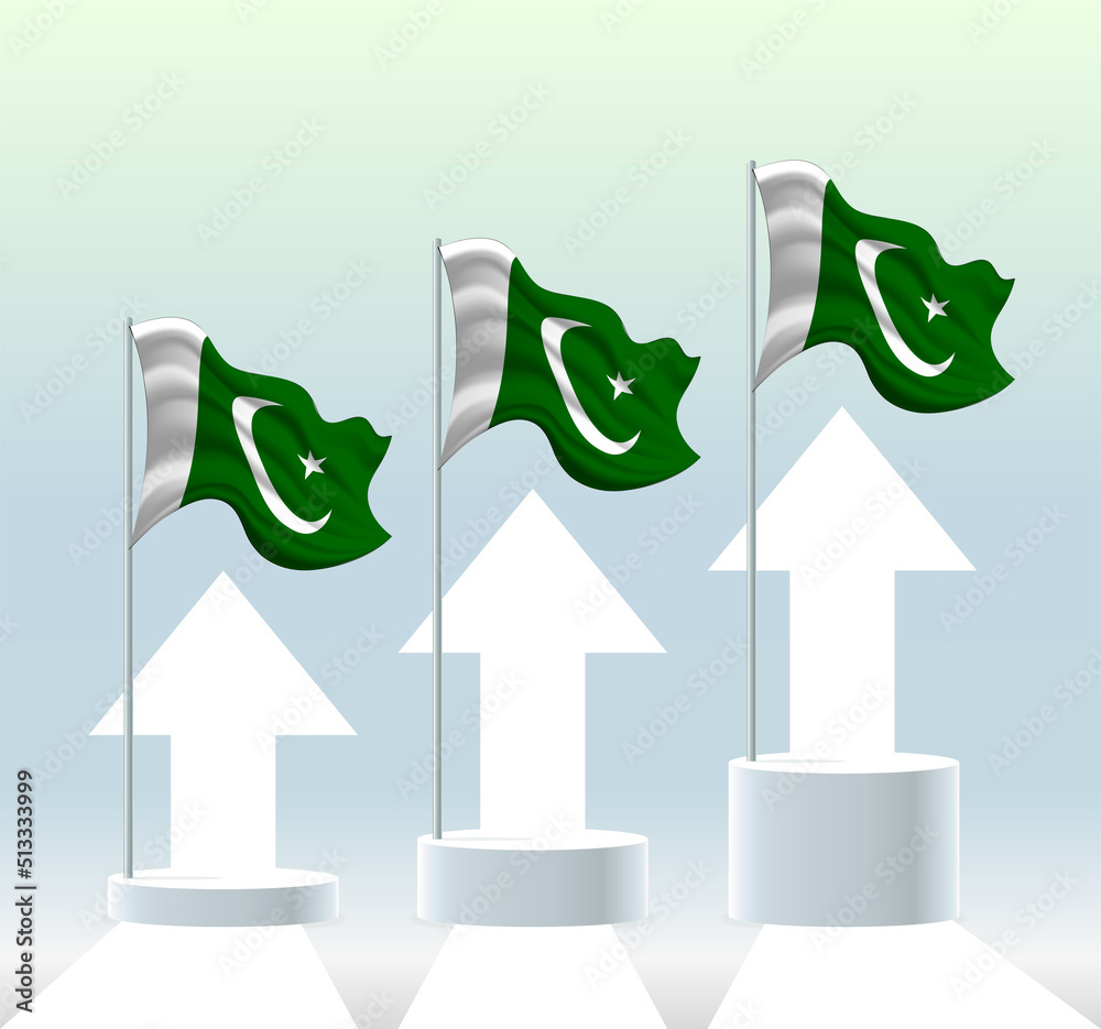 Pakistan flag. The country is in an uptrend. Waving flagpole in modern ...