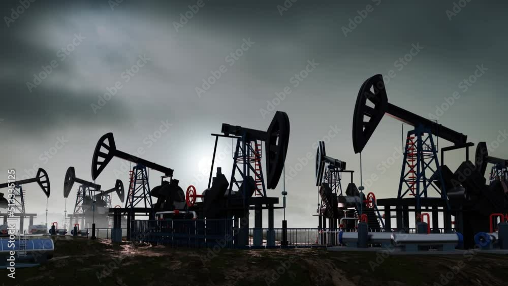 Oil pump, oil industry equipment, drilling derricks silhouette from oil ...