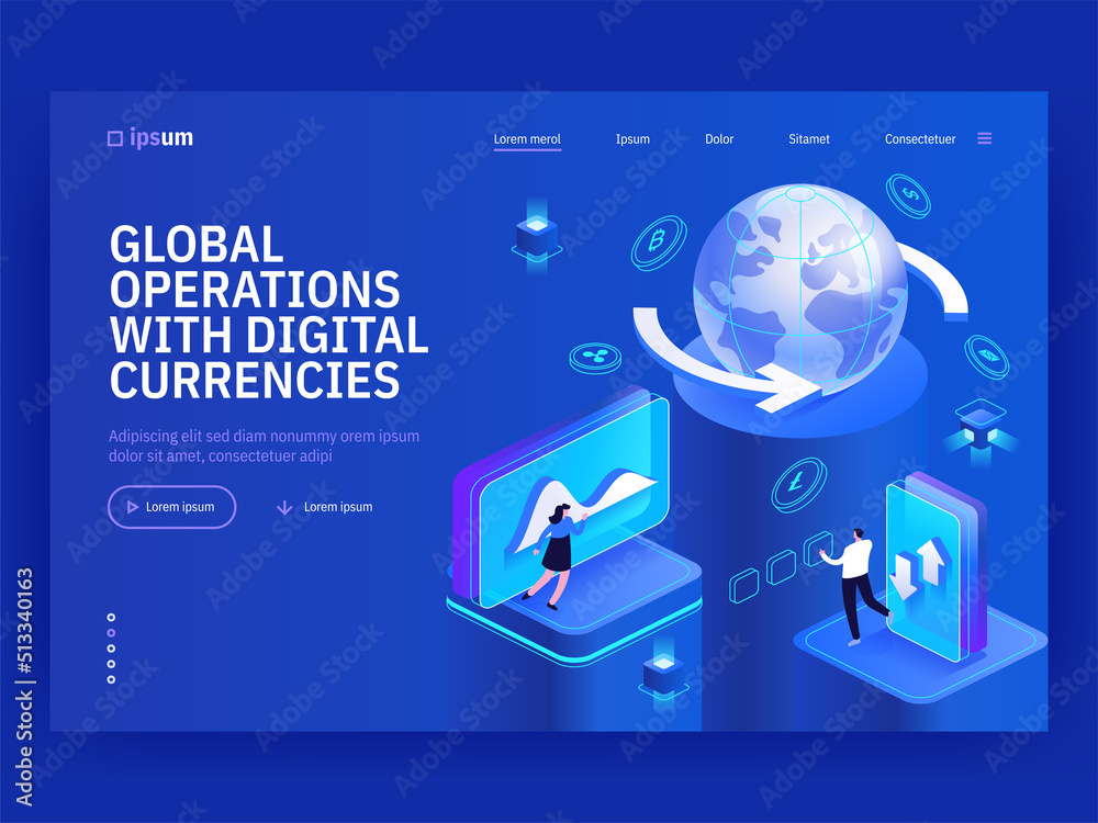 Global operations with digital currencies isometric vector image on ...