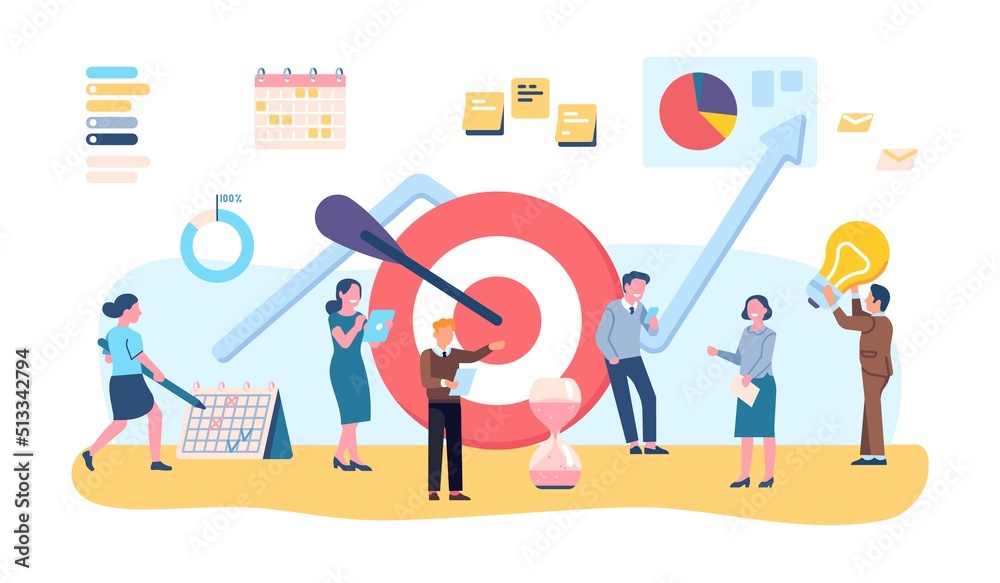 Business target. Tasks planning. Work goals. Tiny people with huge ...