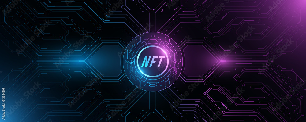 NFT nonfungible tokens banner. Glowing blue and purple HUD elements ...