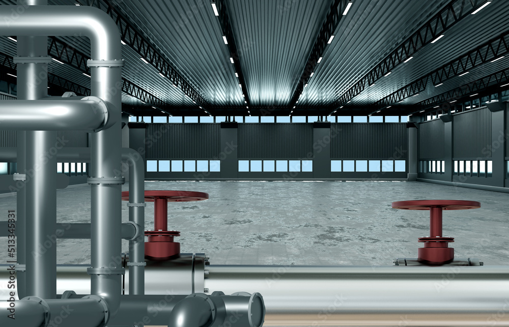 Gas supply for production. Empty room with gas pipes. Spacious workshop ...