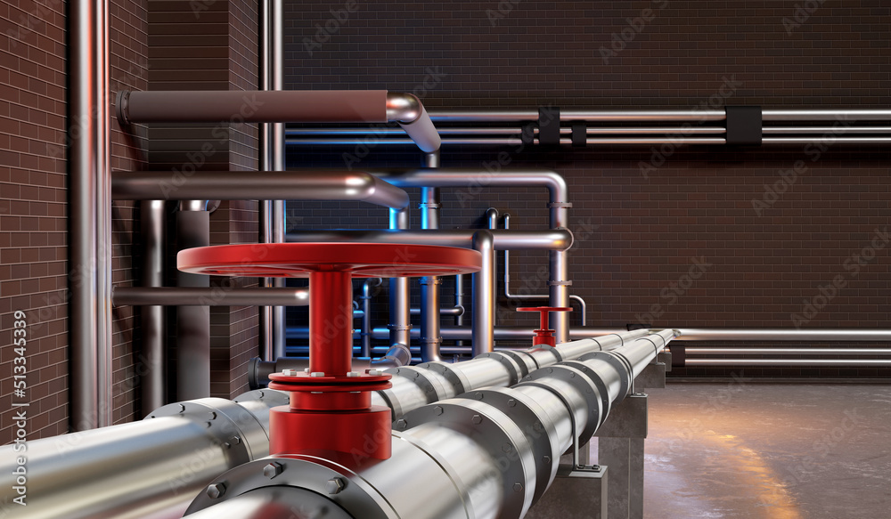 Foto de Industrial rooms. Steel pipeline inside building. Visualization ...