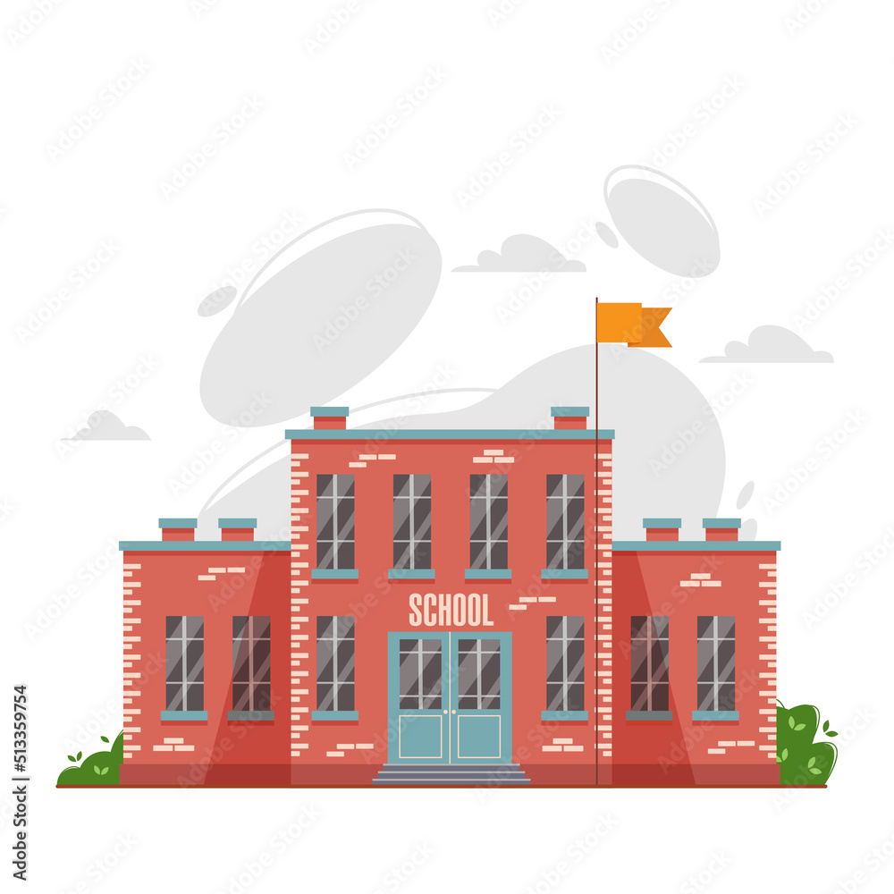 School building icon or logo design. Flat illustration of red brick ...